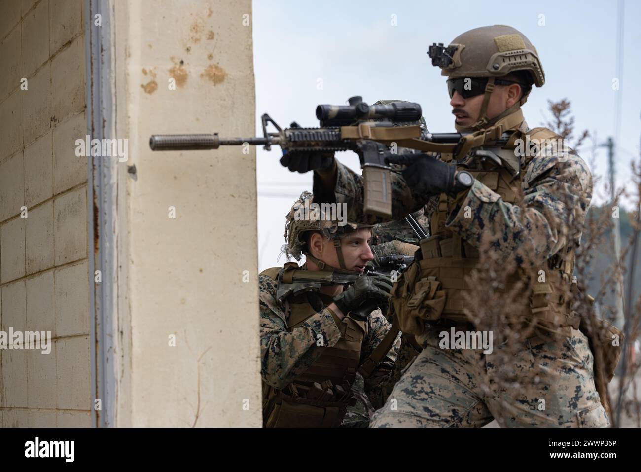 U.S. Marines prepare to clear a building during Korea Viper 24.1 at ...