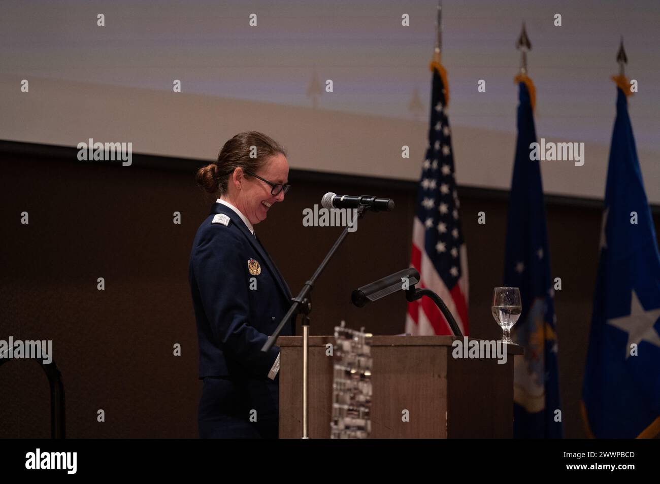 Maj. Gen. Stacy J. Huser, 20th Air Force commander, speaks at the 377th ...