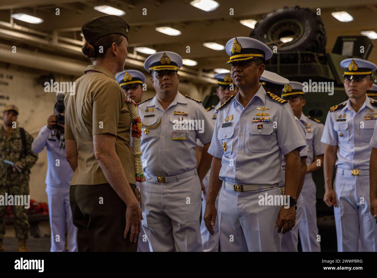 U.S. Marine Corps Lt. Col. Lindsay Mathwick, left, commanding officer ...