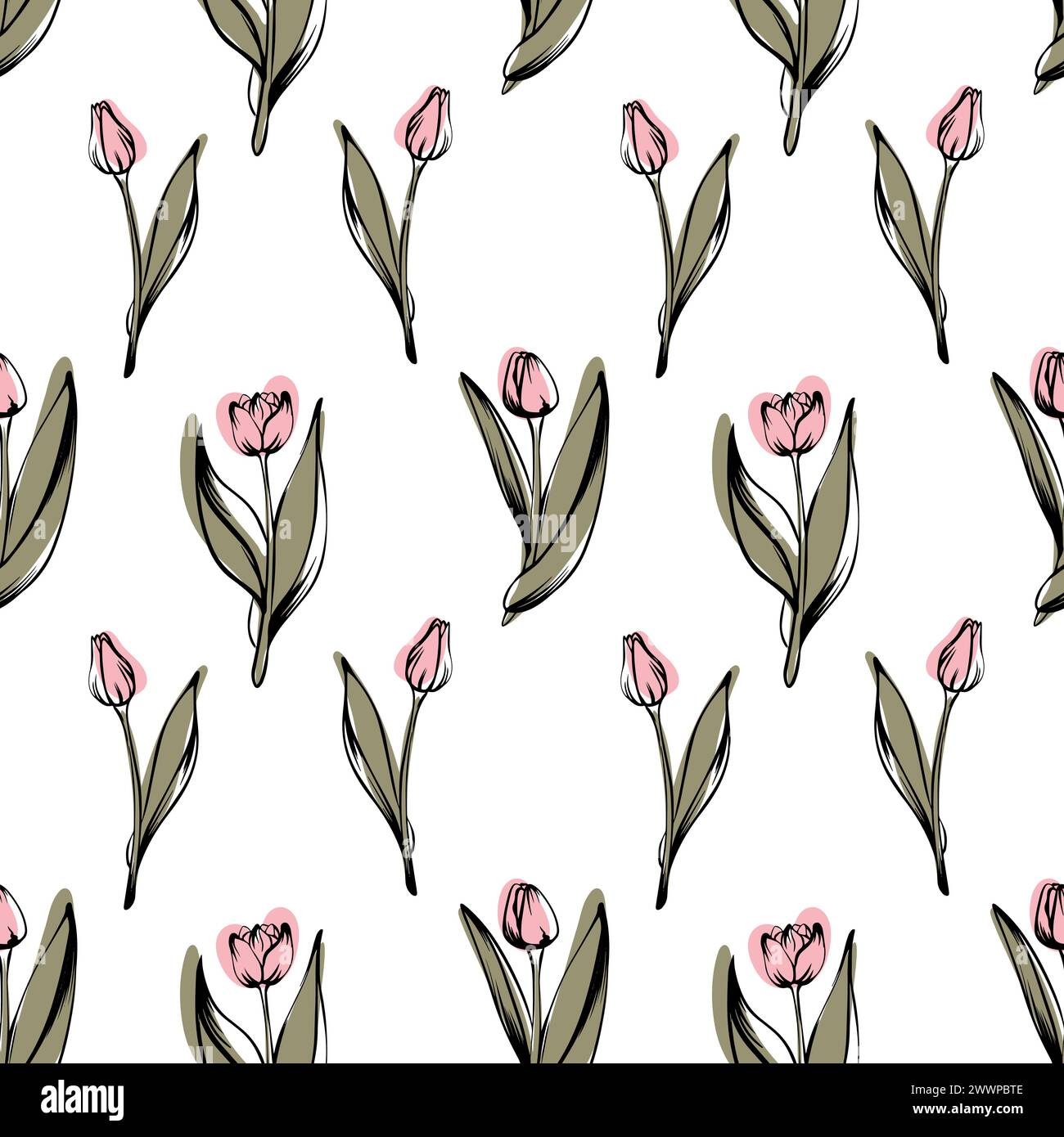 Sketch-style tulip pattern, on white background for unique packaging ...