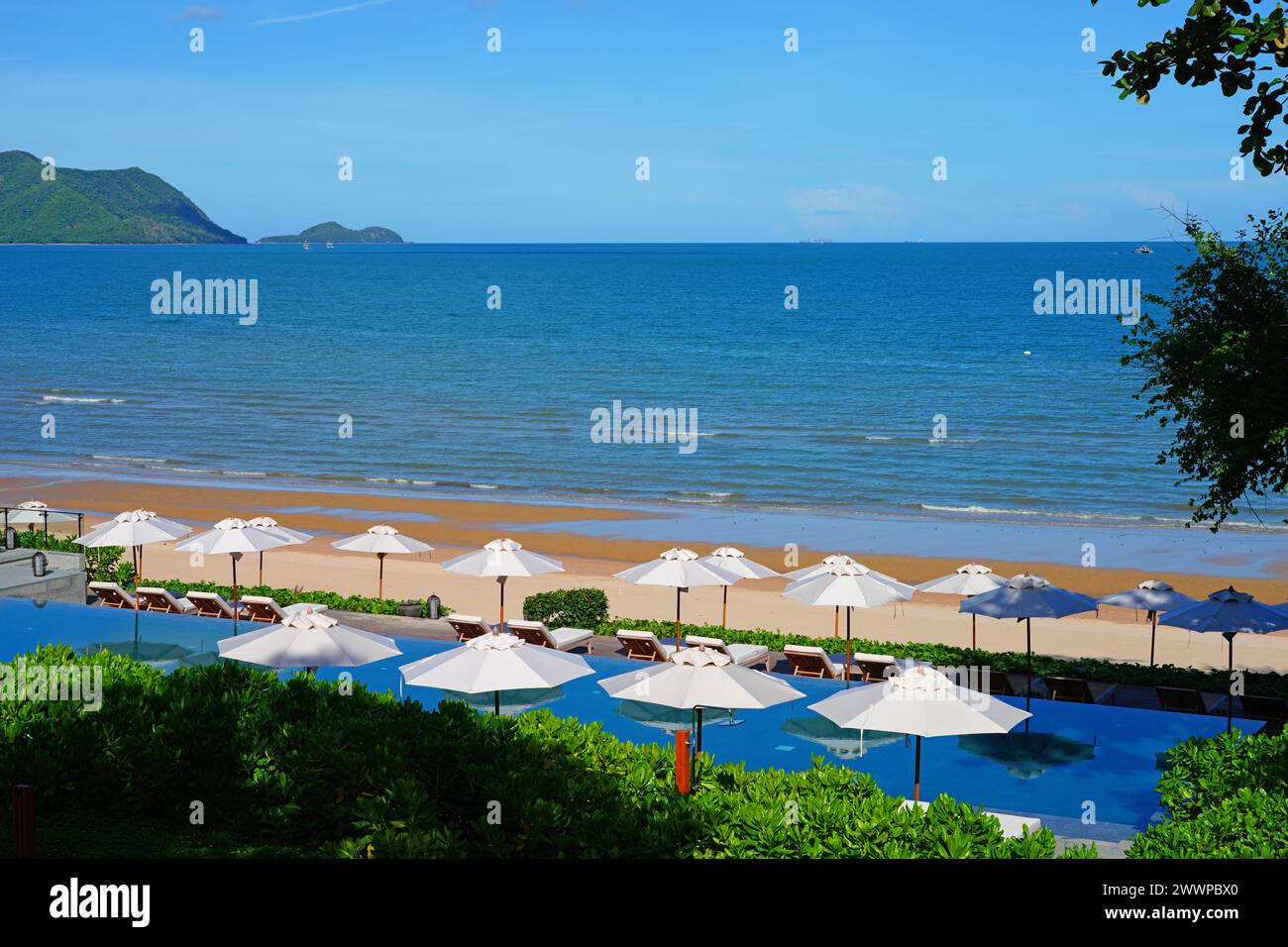 JOMTIEN BEACH, THAILAND -12 JUL 2023- View of the infinity pool with ...