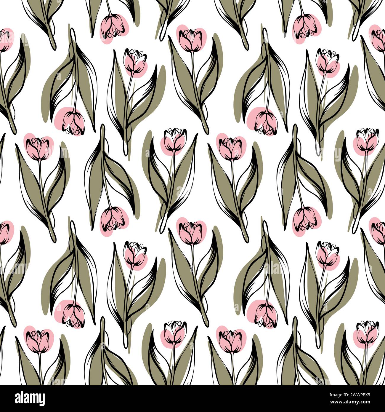 Sketch-style tulip pattern, on white background for unique packaging ...