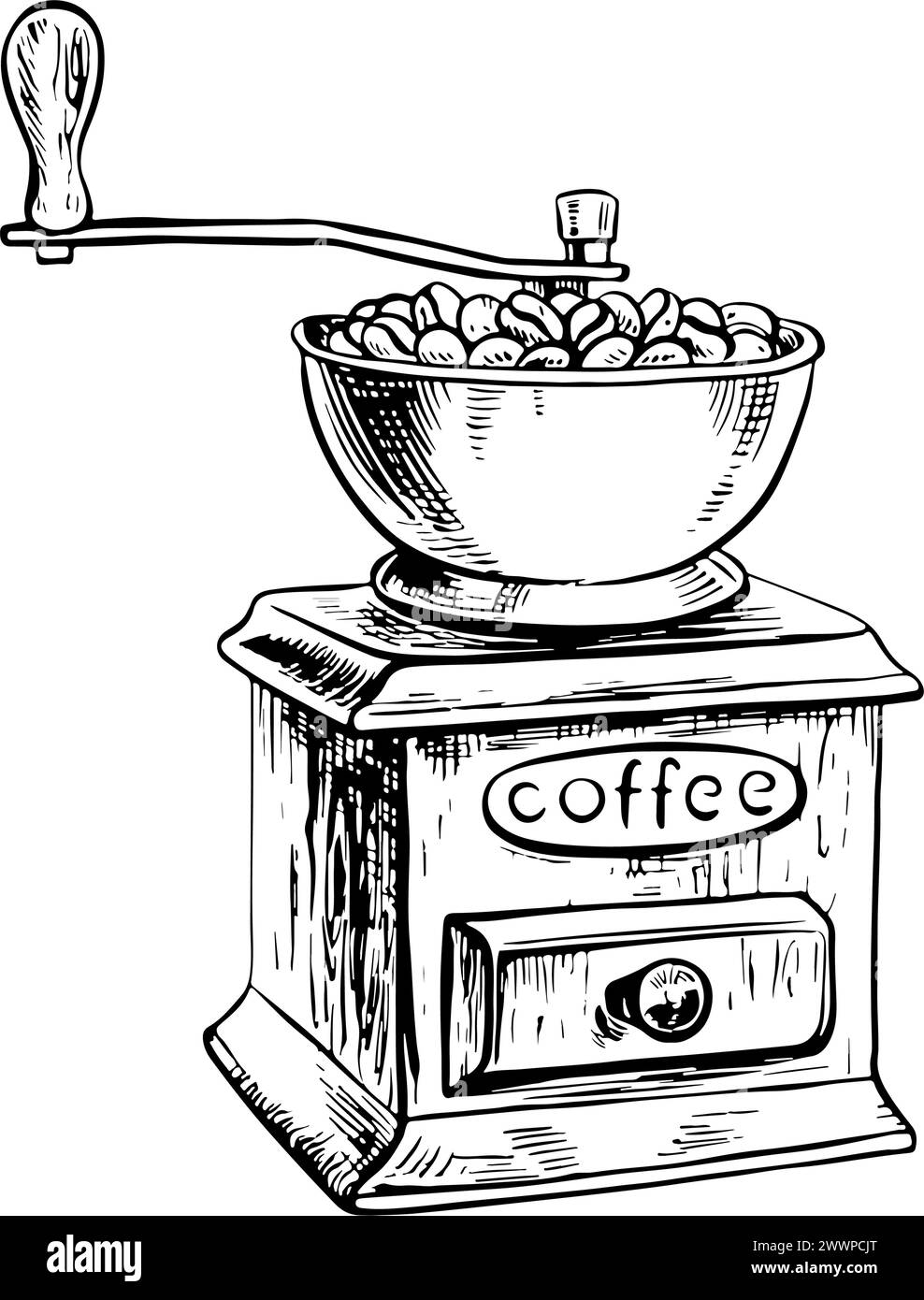 A coffee grinder grinds coffee beans. Vector black and white ...