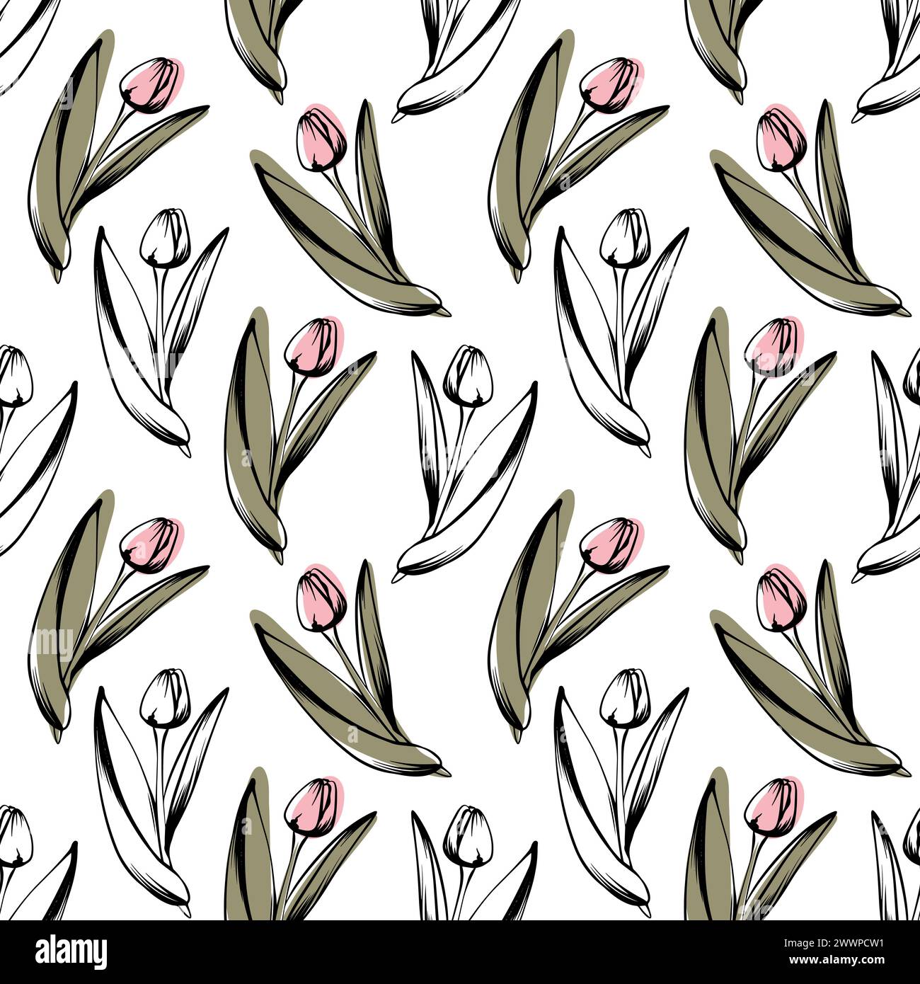 Sketch-style tulip pattern, on white background for unique packaging ...