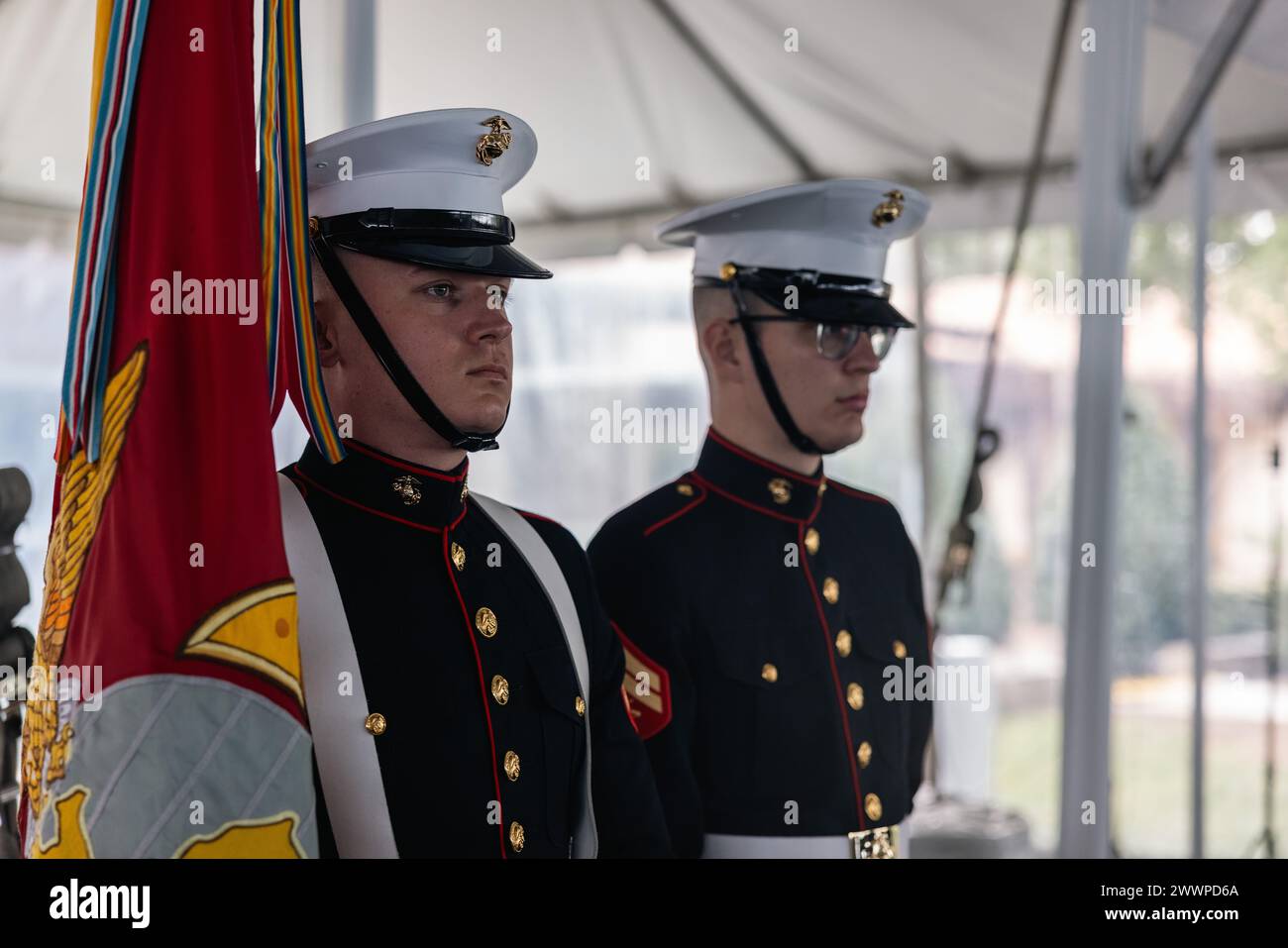 U.S. Marine Corps Cpl. Ethan Franklin, the organizational color bearer ...