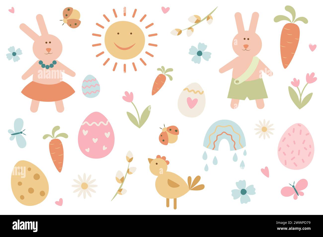 Cute Easter set of animals, flowers, leaves, rainbow, sun. Suitable for ...