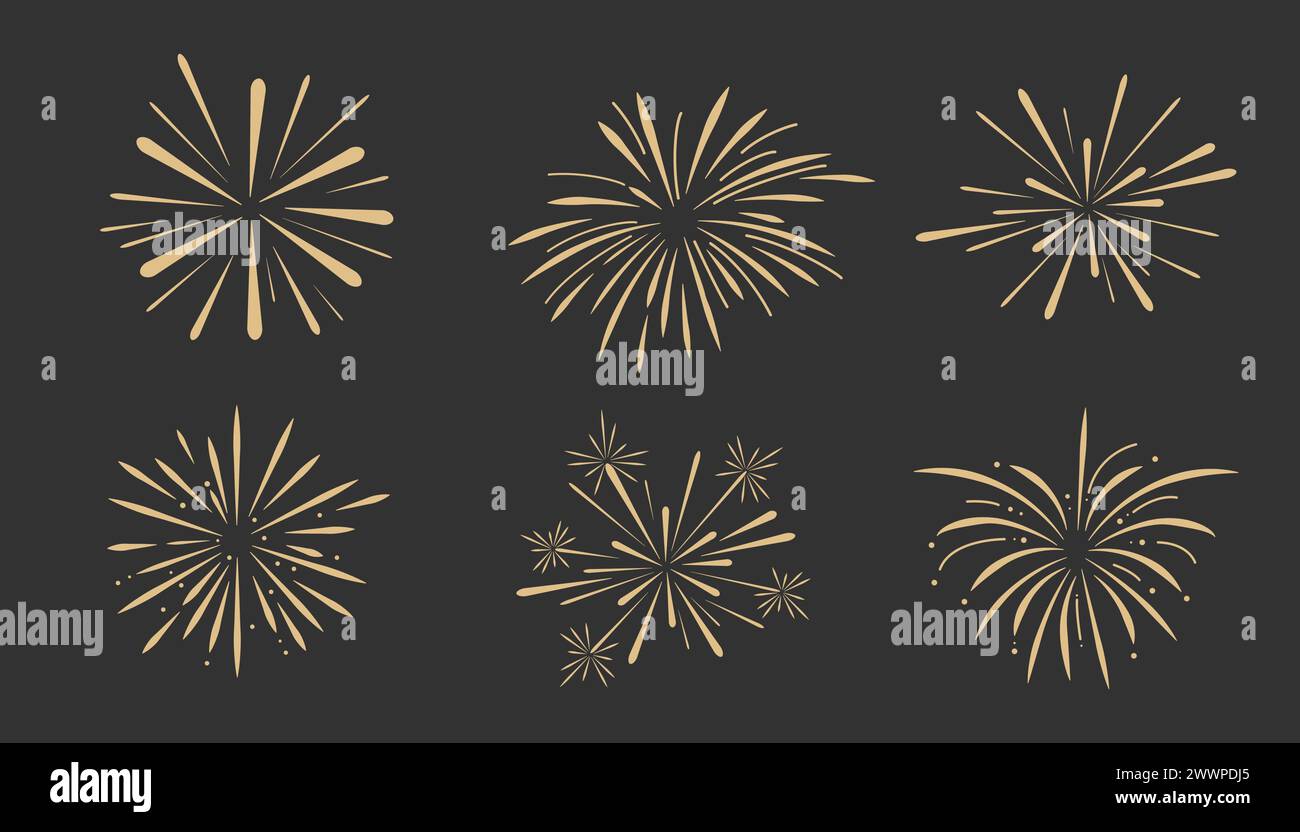 Set gold fireworks, firecrackers golden burst, rays festive doodle ...