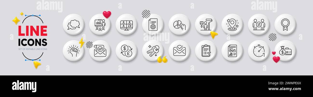 Pie Chart Technical Documentation And Keys Line Icons For Web App Printing White Buttons 3d