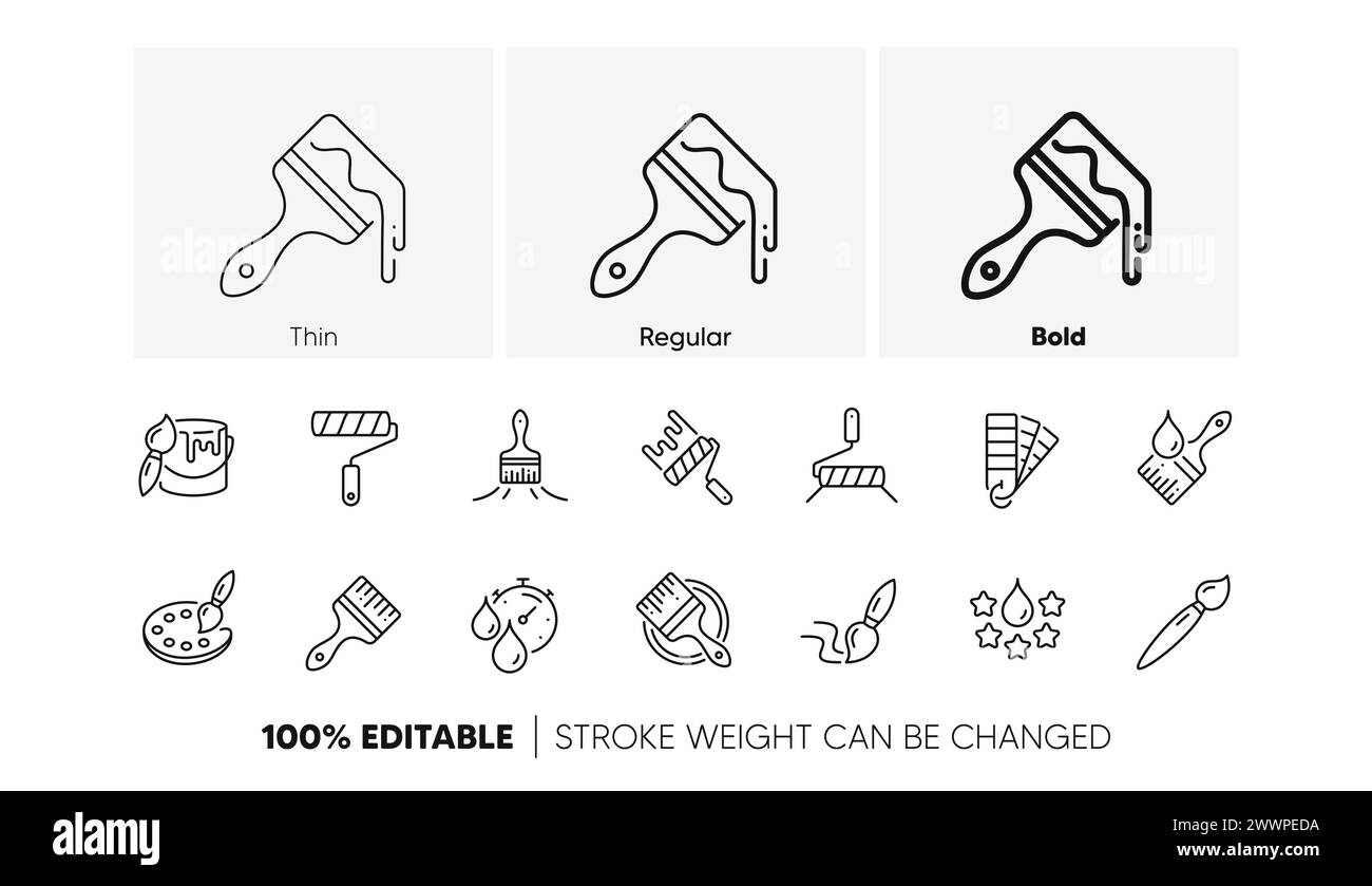 Paint brushes line icons. Color palette, Paint tin, Roller icons. Line ...