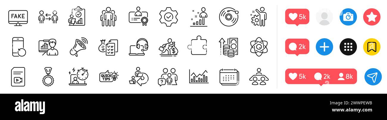Delegate work, Presentation board and Stats line icons pack. For web app. Social media icons ...