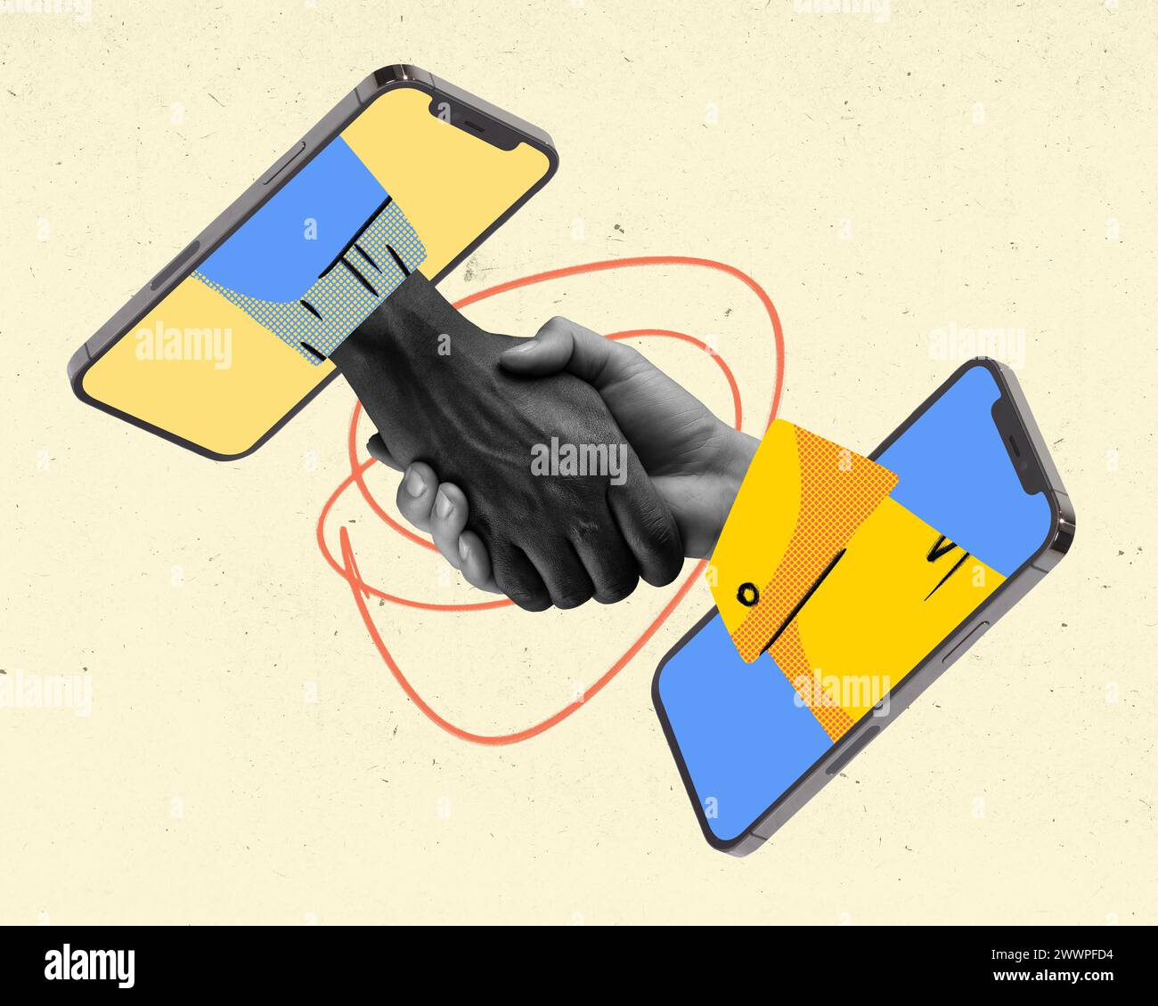 Contemporary art collage. Two hands shaking hands, make deal in phones ...