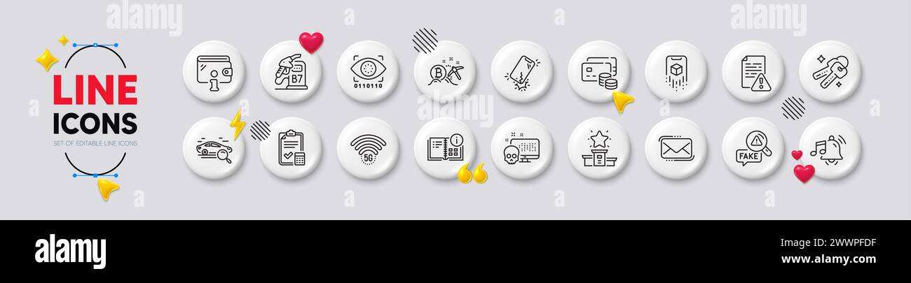 Diesel station, Smartphone broken and Keys line icons. For web app, printing. White buttons 3d ...