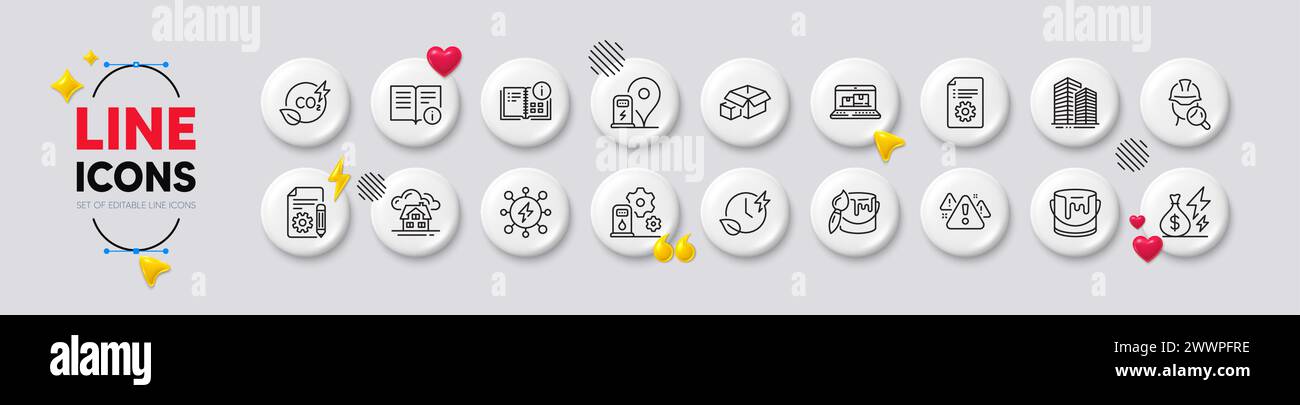 Power, Co2 gas and Web inventory line icons. For web app, printing. White buttons 3d icons ...