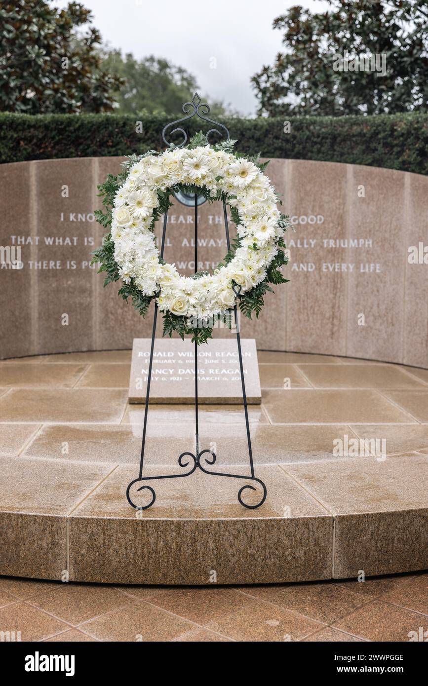 A wreath is displayed on the memorial site for Ronald Reagan following ...