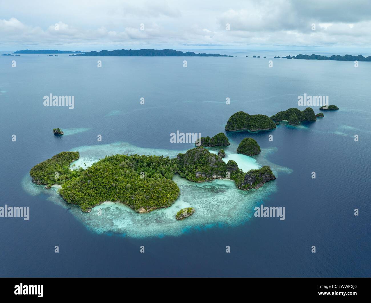 Limestone islands, fringed by reef, rise from Raja Ampat's tropical ...