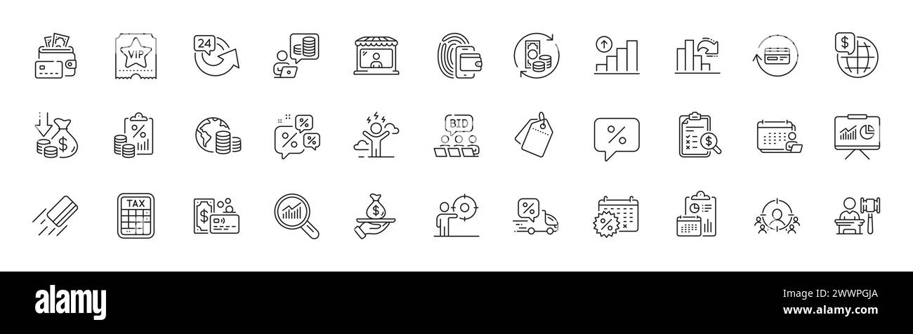 Card, Online auction and Market seller line icons. For web app ...