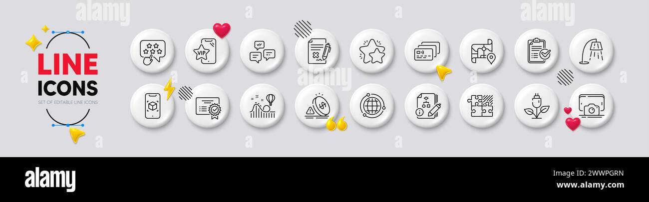 Map, Vip phone and Phone photo line icons. For web app, printing. White buttons 3d icons. Vector ...