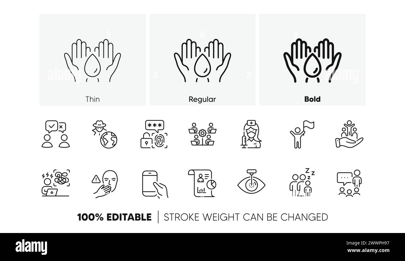 Safe water, Difficult stress and Report line icons. For web app, printing. Line icons. Vector ...