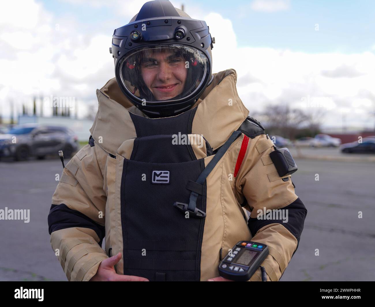 Liam, California Civil Air Patrol cadet, poses for a photo with a bomb ...
