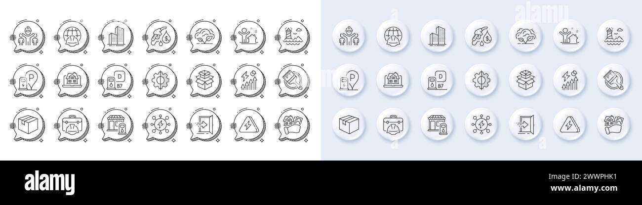 Power, Lighthouse and Filling station line icons. For web app, printing. Line icons. Vector ...