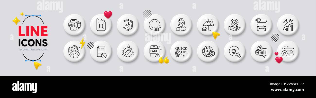 Wrong file, Cogwheel and Safe planet line icons. For web app, printing. White buttons 3d icons ...