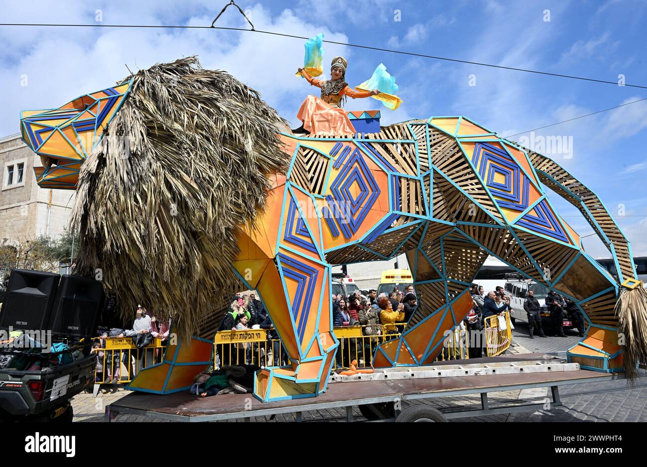 A float of the Lion of Judah is seen in the first Purim parade in ...
