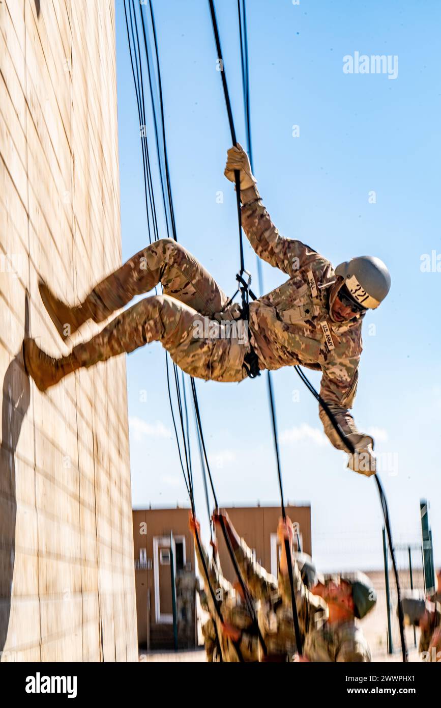 Air Assault candidates rappel off the rappel towers on Camp Buehring ...