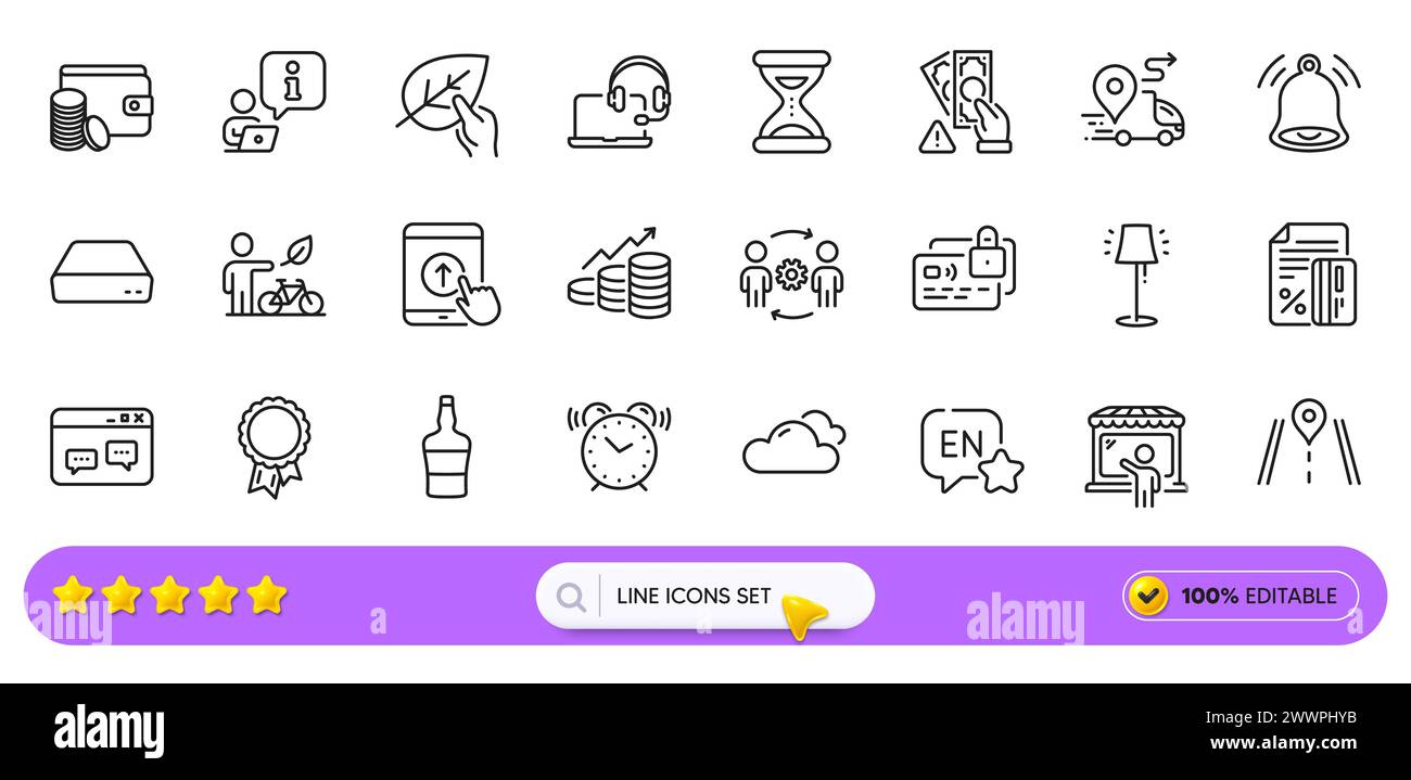English, Interview and Eco bike line icons for web app. Pictogram icon ...