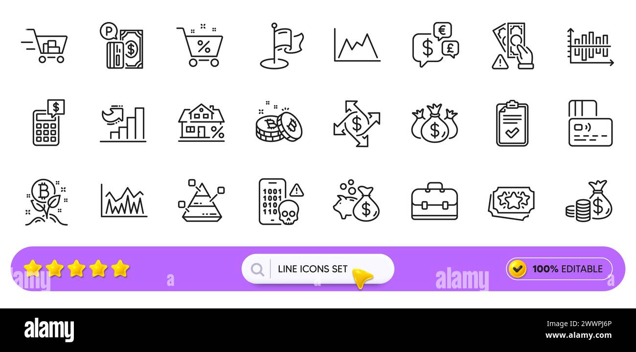 Bitcoin, Loan and Growth chart line icons for web app. Pictogram icon. Line icons. Vector Stock ...
