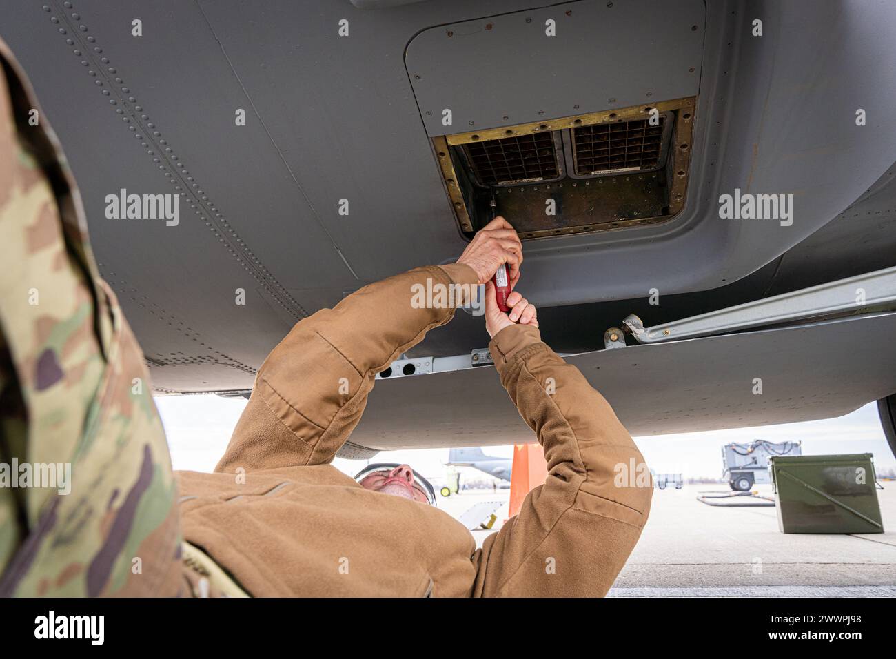 U.S. Airmen Master Sgt. Ryan Hubbard, an aircraft mechanic assigned to ...