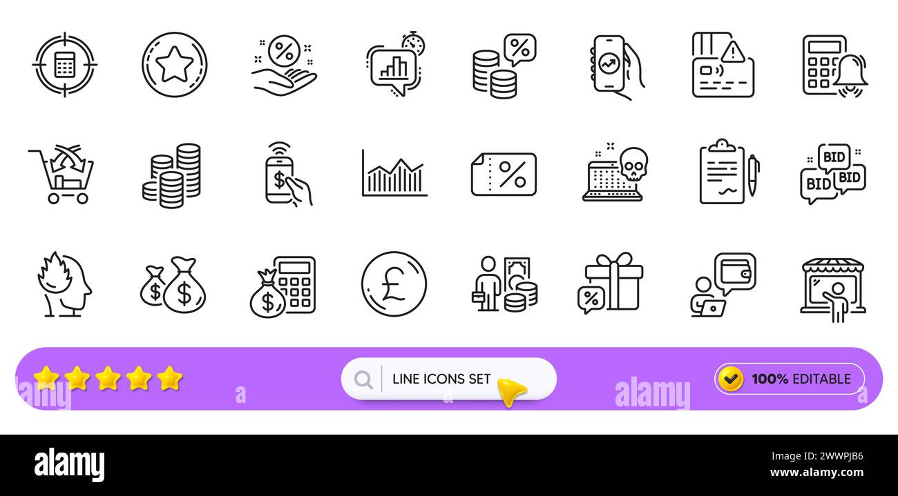 Calculator target, Loyalty star and Calculator alarm line icons for web app. Pictogram icon ...