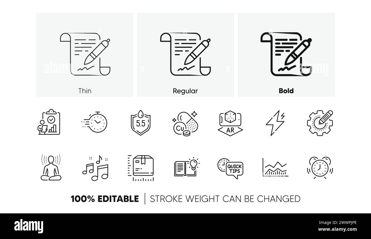 Ph neutral, Product knowledge and Agreement document line icons. For web app, printing. Line ...