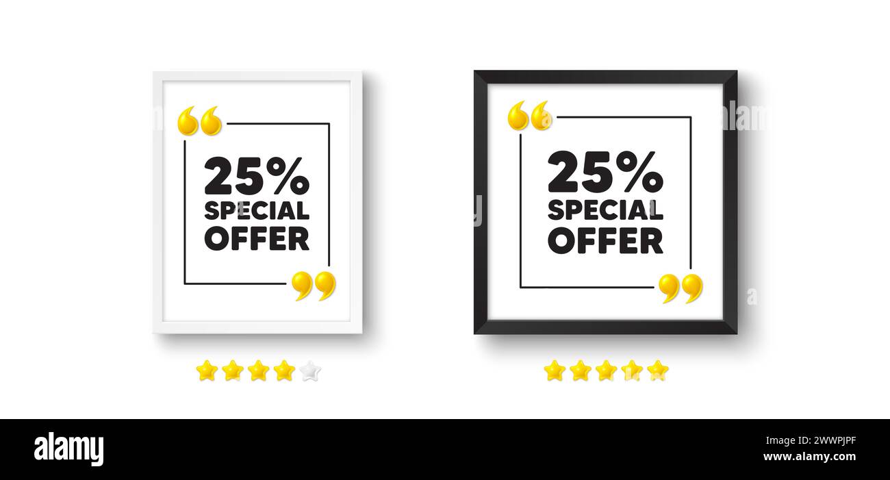 25 percent discount offer. Sale price promo sign. Photo frame with 3d ...