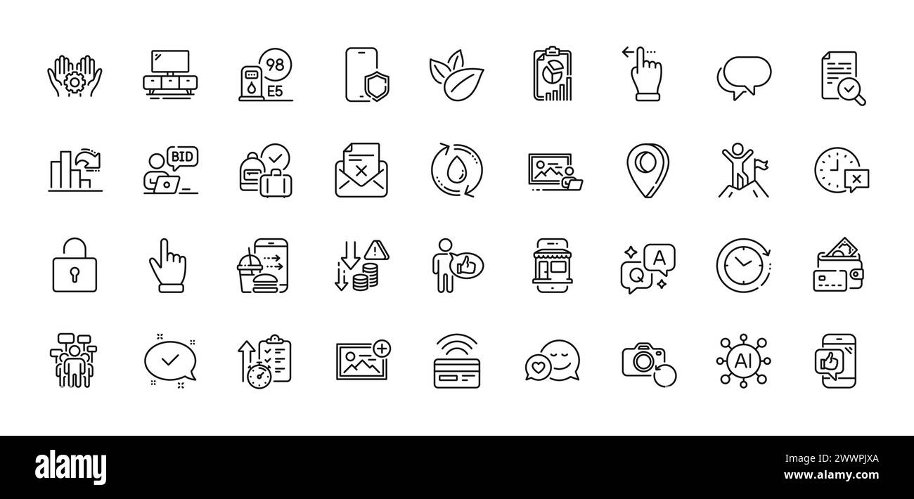 Talk bubble, Add photo and Time change line icons pack. For web app ...