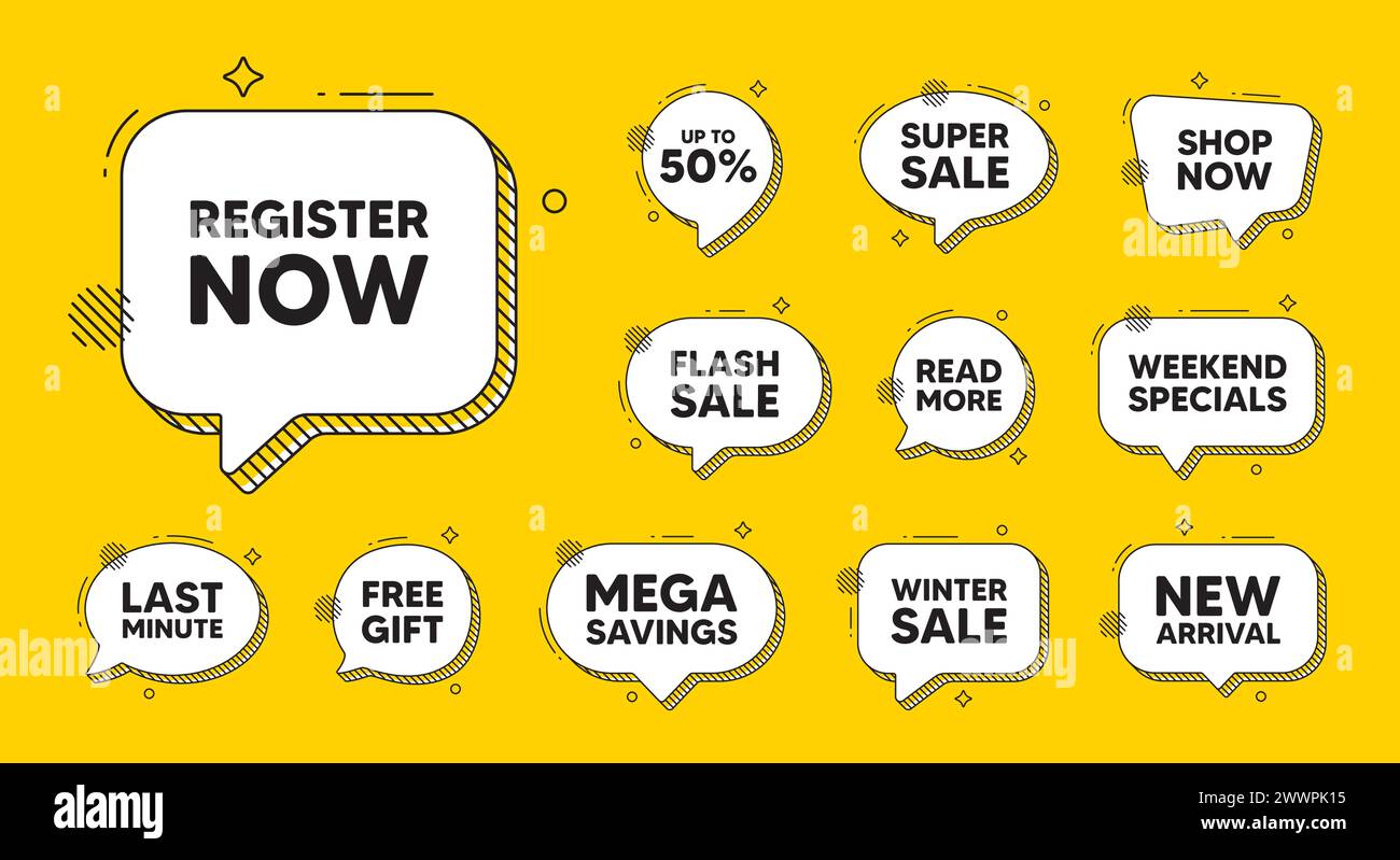 Register now tag. Free registration offer. Offer speech bubble icons ...