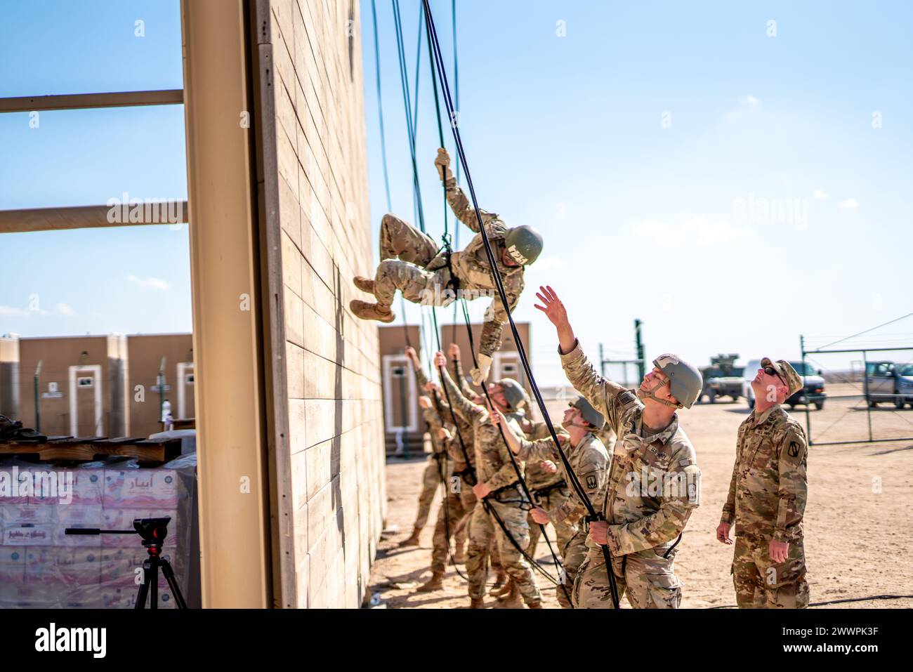 Air Assault candidates rappel off the rappel towers on Camp Buehring ...