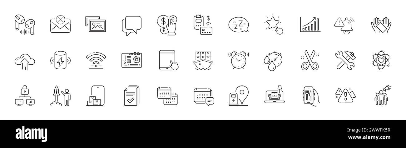 Charging station, Headphone and Graph chart line icons. For web app, printing. Line icons ...