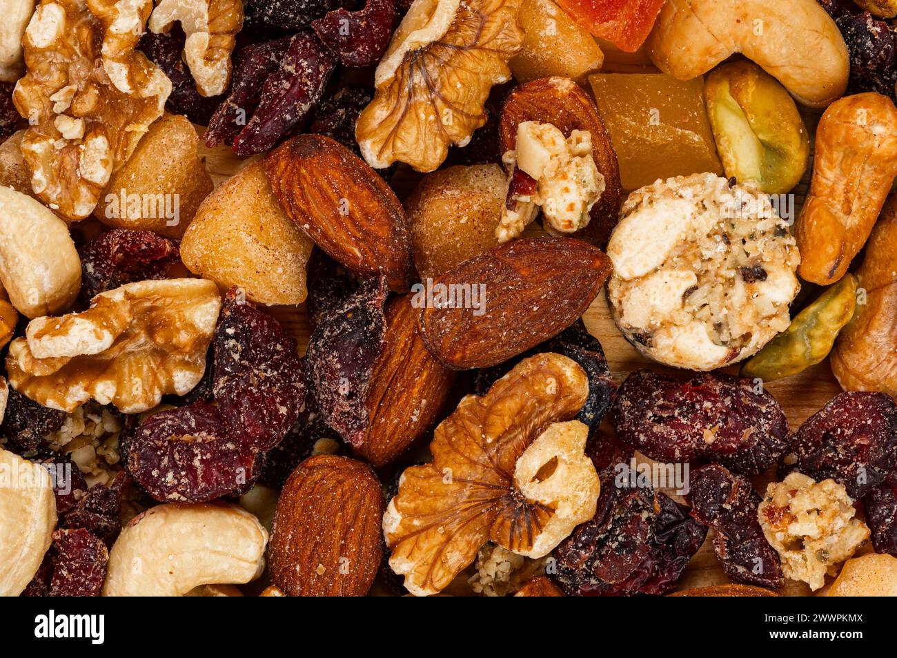 Top view pile of dried colorful breakfast mix nuts and fruits ...