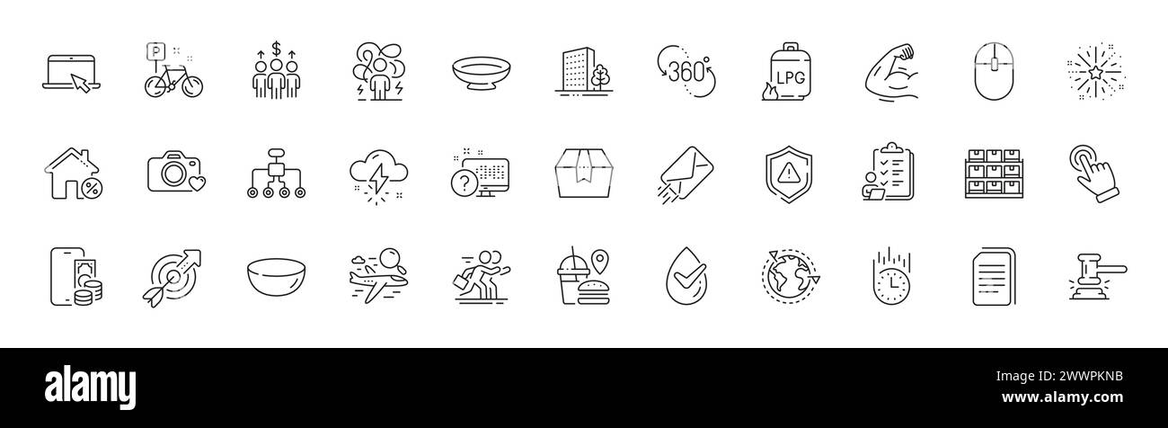 Thunderstorm weather, Checklist and 360 degree line icons. For web app, printing. Line icons ...