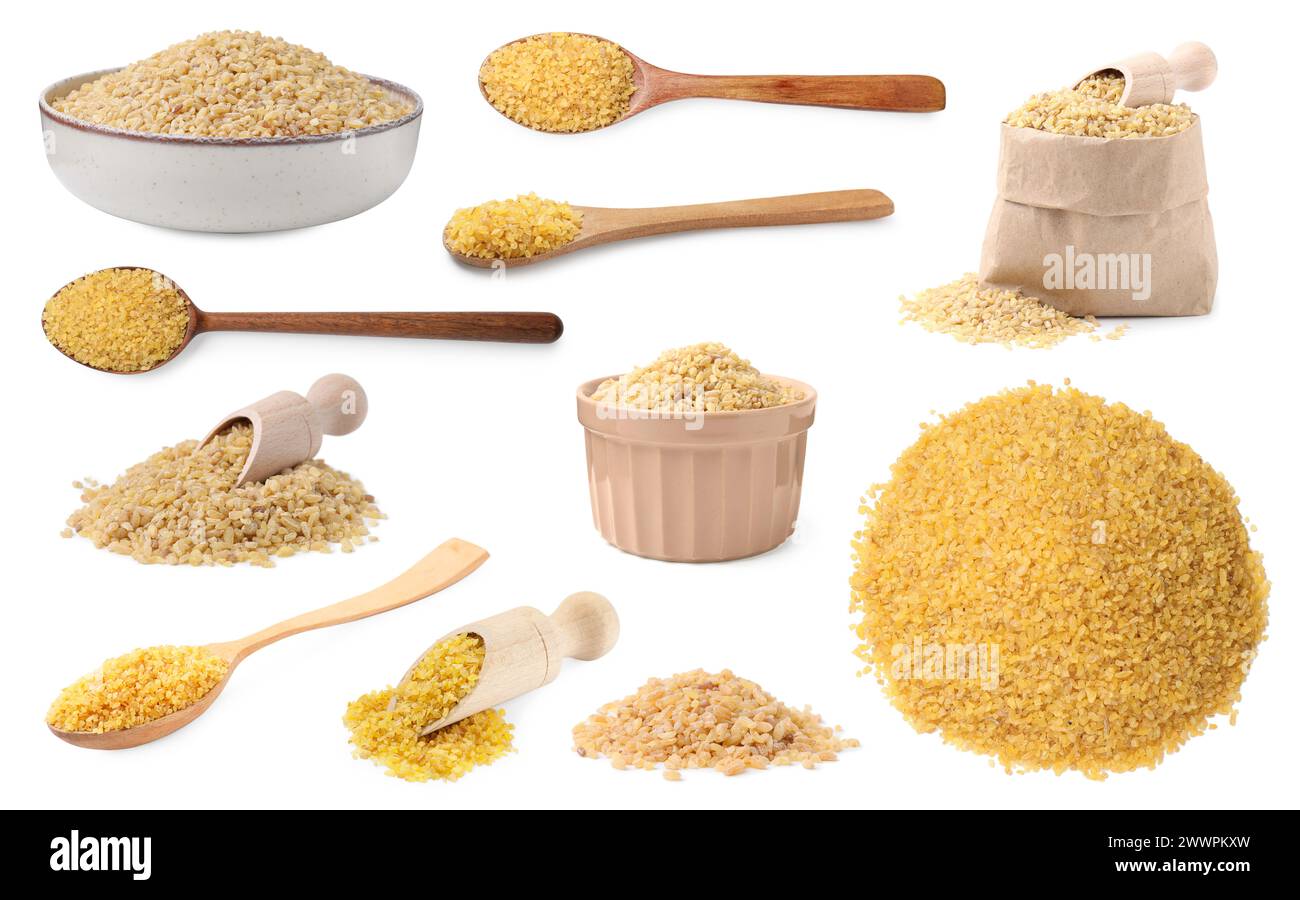 Different types of bulgur isolated on white, set Stock Photo - Alamy
