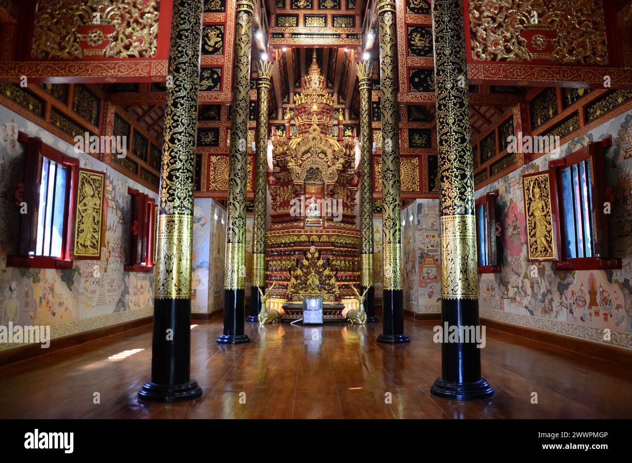 Ancient Phra Sing buddha statue in antique ubosot of Wat Phra Singh ...