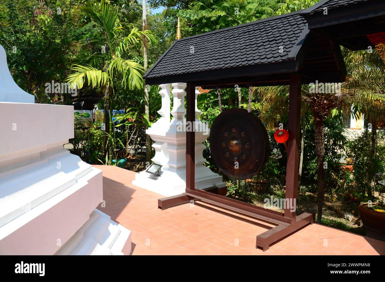 Antique stone bell for thai traveler people travel visit and knock gong ...