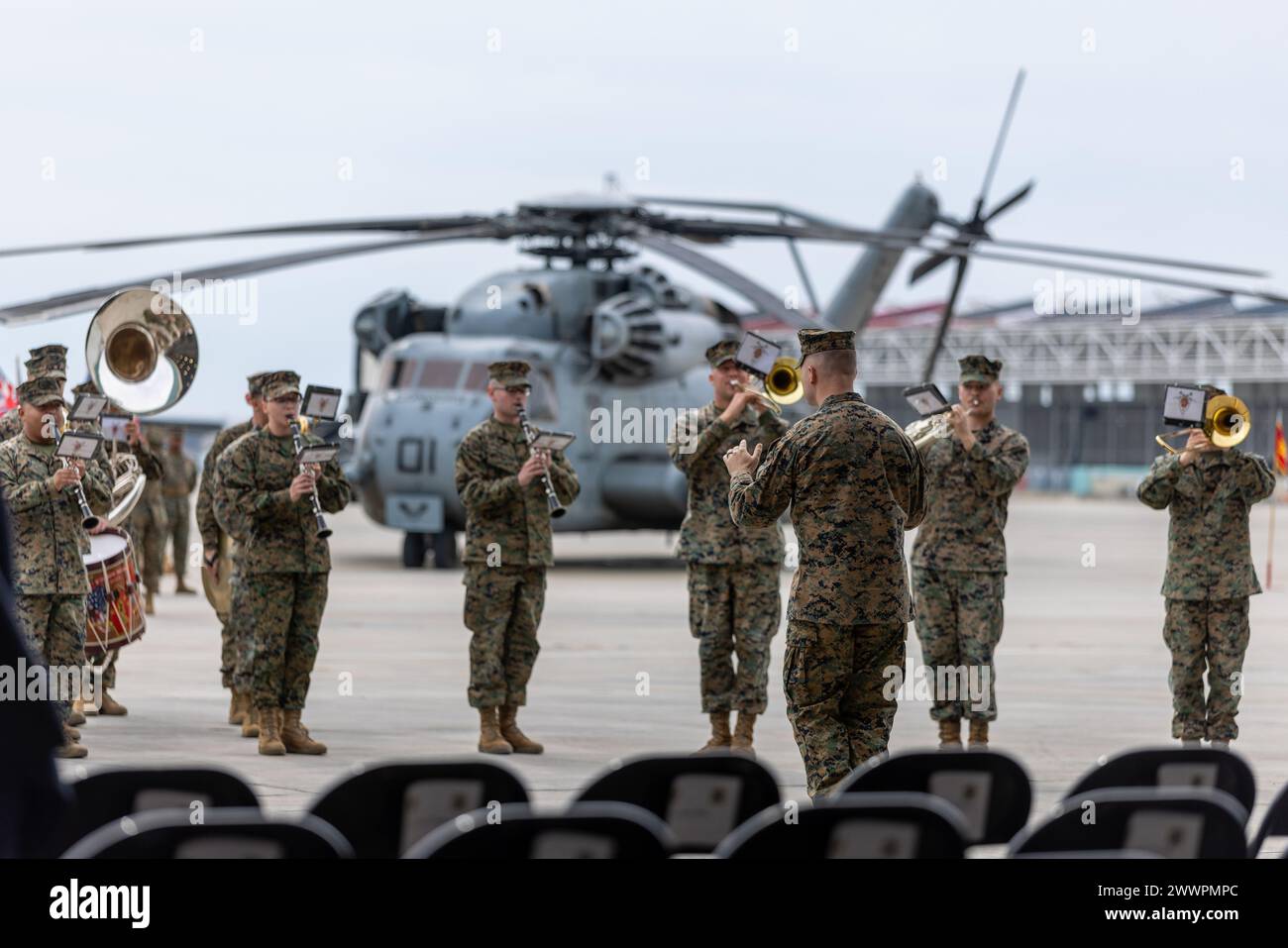 U.S. Marines with the 2nd Marine Division Band play during a change of ...