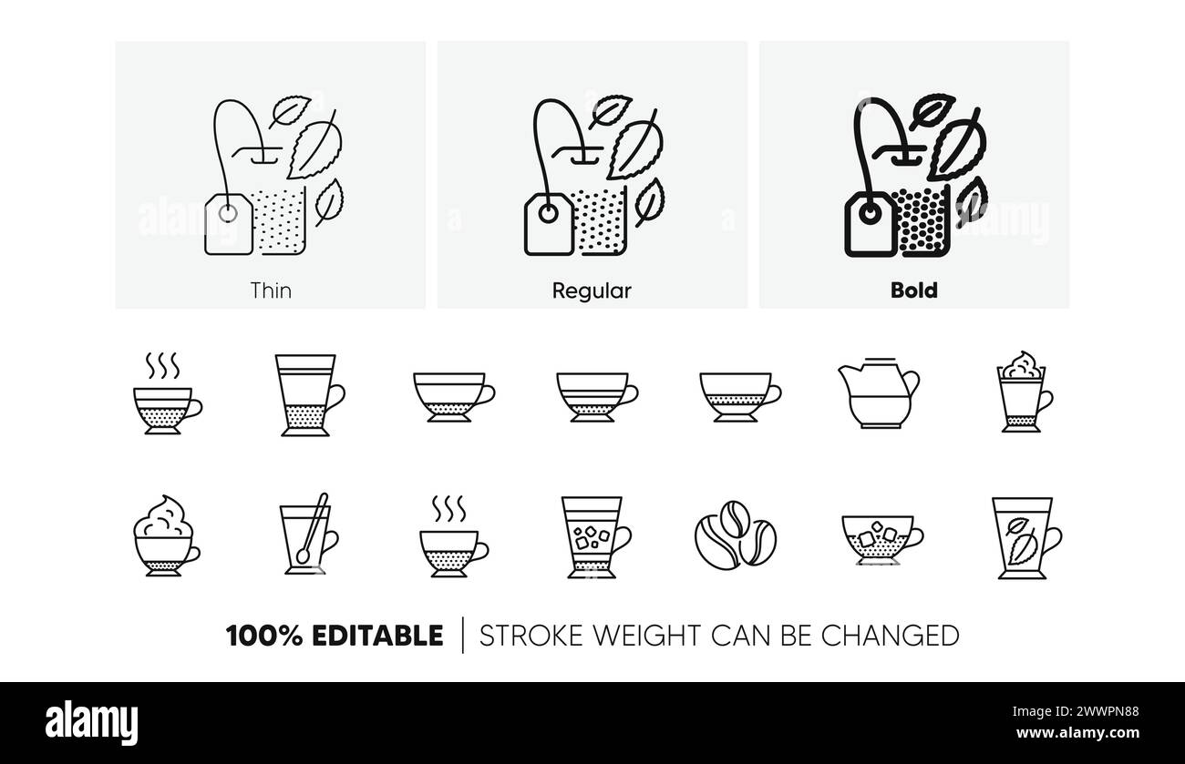 Coffee types and Tea icons. Mocha, Cappuccino and Latte. Linear icon ...