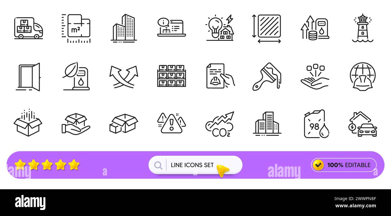 Boxes shelf, Packing boxes and Petrol station line icons for web app ...