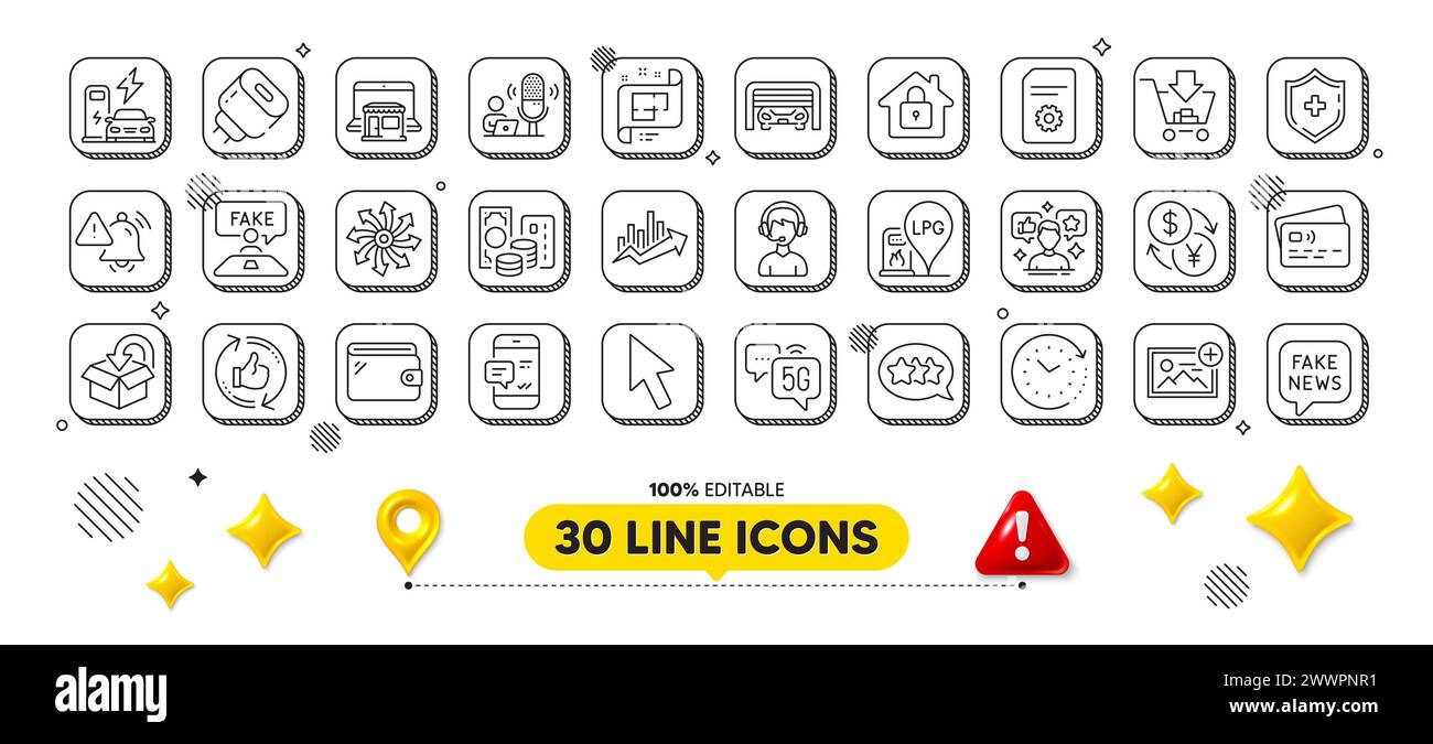 Attention bell, Lock and Add photo line icons pack. For web app. 3d ...