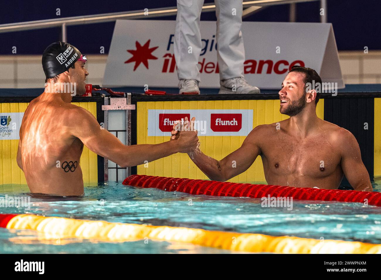 Michael ANDREW (USA) and Mewen TOMAC (FRA), men 50m backstroke final ...