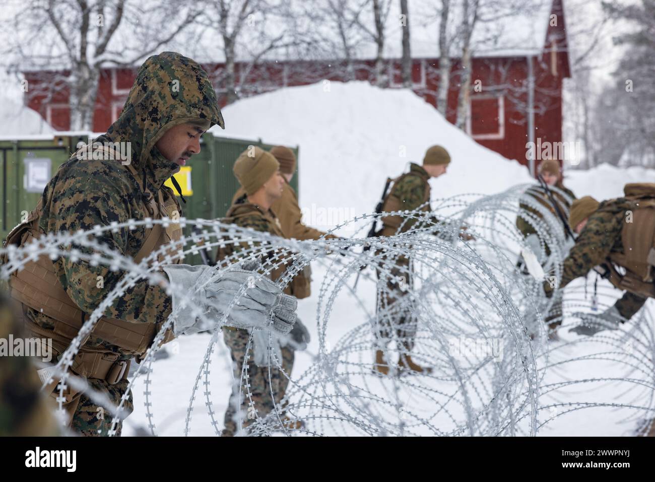 U.S. Marines with the 2nd Marine Aircraft Wing set up concertina wire ...
