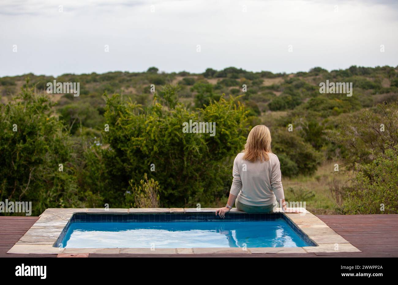 Woman enjoying the view from a swimming pool over the African bush in ...