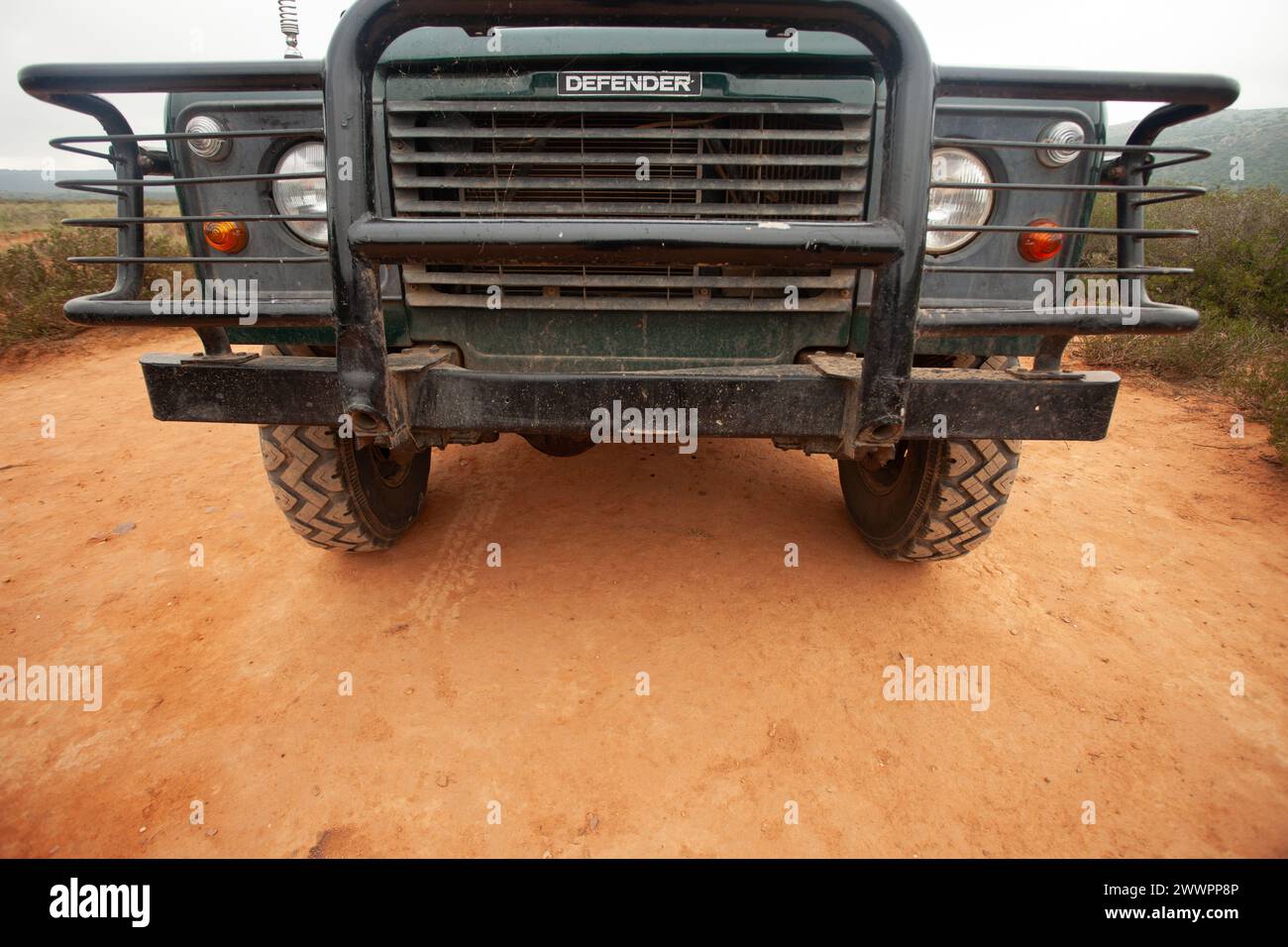 The front of a landrover defender 4 wheel drive safari vehicle ...